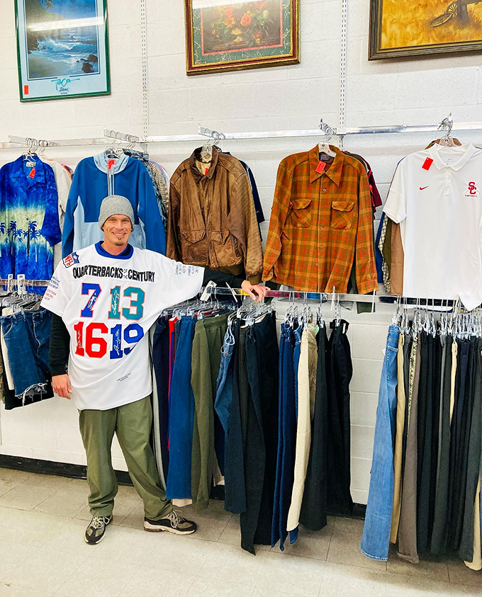 The men's section: where vintage leather jackets and quirky tees conspire to revolutionize your style for pocket change.