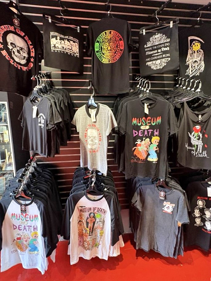 Nothing says "I survived the Museum of Death" quite like a t-shirt featuring cartoon characters embracing the inevitable.