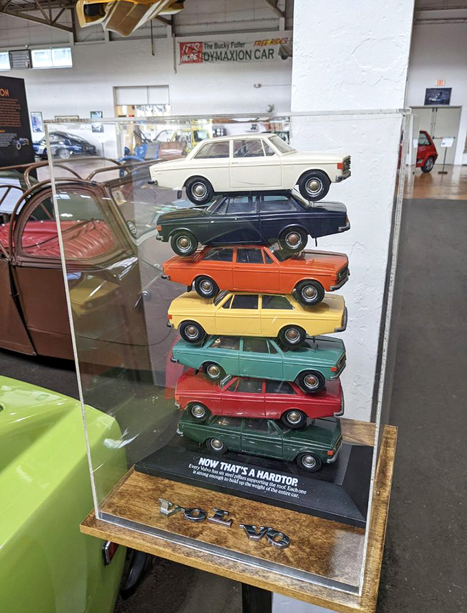 Stacked like a colorful automotive layer cake, these miniature Volvos prove that Swedish design looks good at any scale.
