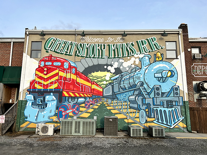 This vibrant mural doesn't just decorate a wall&mdash;it tells a story of American ingenuity and the romance of rail travel through colorful locomotives.