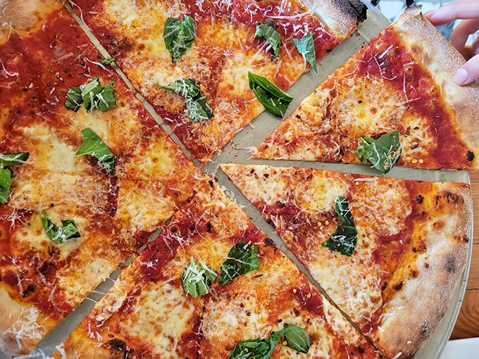 That perfect New York fold in action &ndash; proof that great pizza transcends state lines.