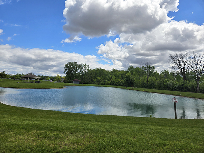 Oakwood Park's serene pond reflects clouds like nature's own meditation app&mdash;except this one doesn't require a subscription or software updates.