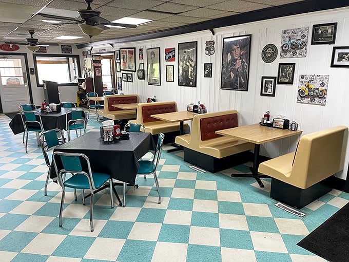 Another dining area showcases the diner's vintage charm with cream-colored booths and walls adorned with memorabilia that tells stories of decades past.
