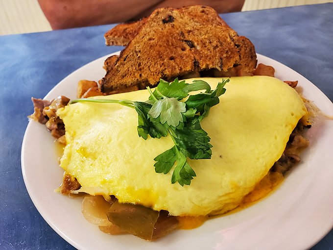 This omelet doesn't just sit on the plate&mdash;it lounges confidently, draped in melted cheese with a parsley crown, practically daring you not to photograph it.