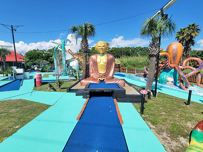 The golden Buddha presides over hole 15 with eternal patience, having witnessed countless hole-in-ones and even more spectacular misses.