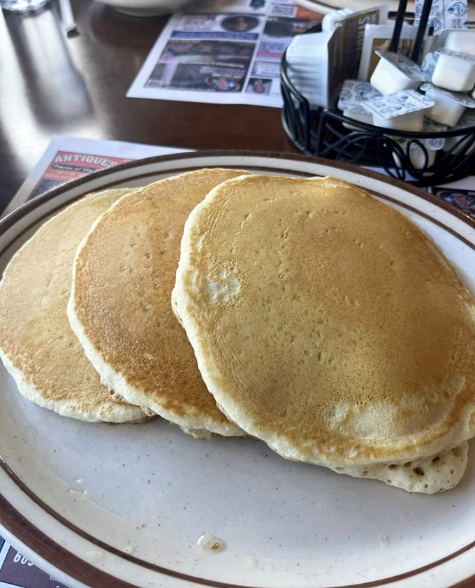 These golden pancakes aren't just breakfast, they're edible sunshine – fluffy discs of joy waiting to soak up maple syrup like sponges from heaven.