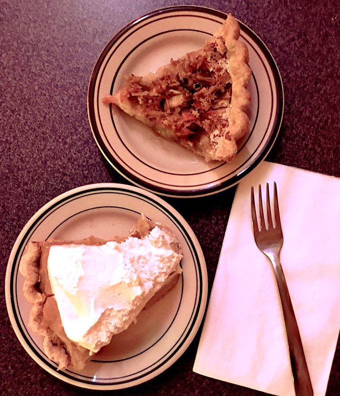 Two slices of heaven on classic diner plates&mdash;cream pie that would make your grandmother jealous and a savory pizza slice that proves Mom's doesn't just do one thing well.