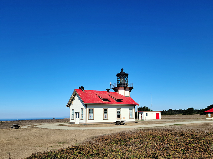 The Point Cabrillo Light Station stands sentinel against the azure sky, its red roof a cheerful beacon guiding mariners since 1909.