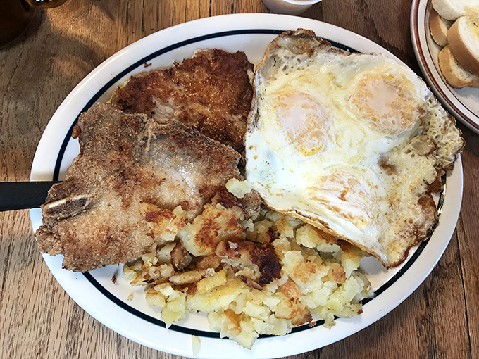 Behold the pork chop that proves size matters when it comes to morning satisfaction.