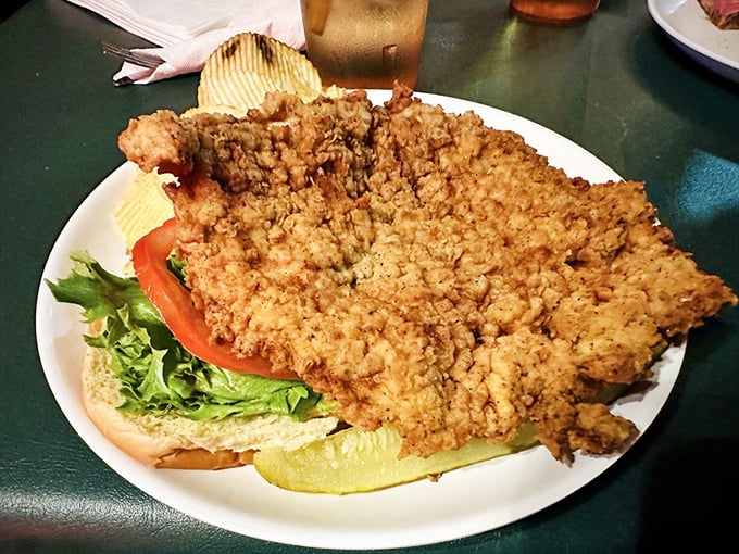 Behold the crown jewel of Indiana cuisine! This breaded pork tenderloin sandwich refuses to be contained by its bun, creating the delicious dilemma every Hoosier dreams about.