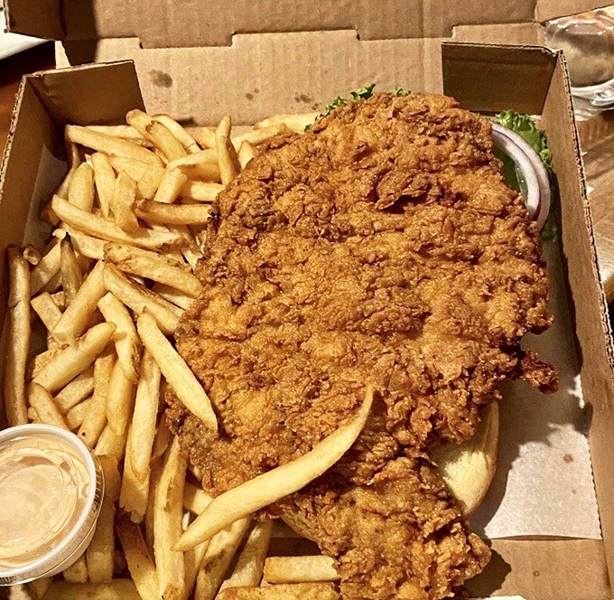 The holy grail of Hoosier cuisine in its natural habitat. This tenderloin's golden-brown crust extends gloriously beyond its bun—exactly as nature intended.