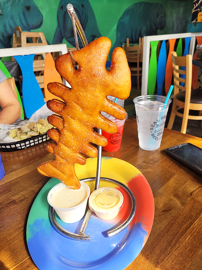 Not your ballpark pretzel! This golden-fried fish-shaped beauty stands at attention, ready for its dipping sauce companions to complete the flavor party.