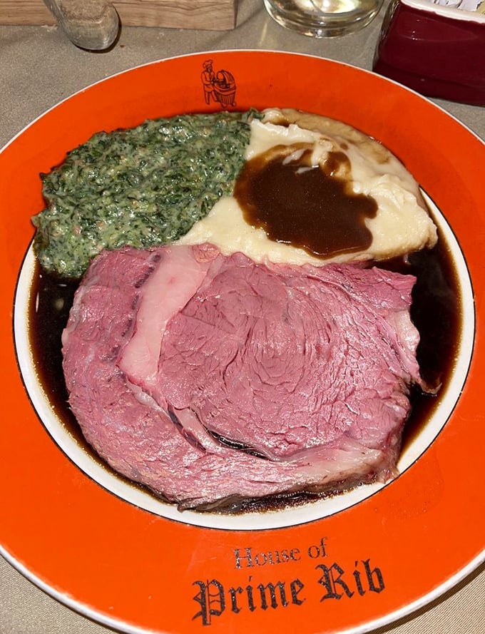 Meat perfection on a signature orange plate&mdash;pink as a sunset, tender as a love song, swimming in jus that should be bottled and sold.