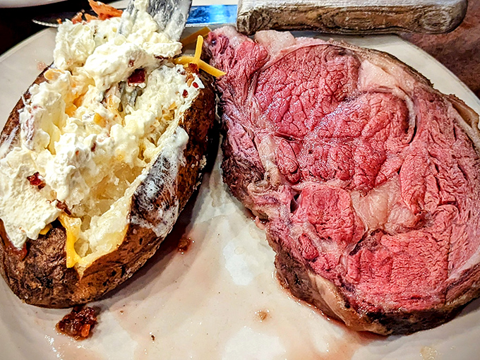 This prime rib isn't just dinner&mdash;it's a religious experience. The loaded baked potato serves as the perfect sidekick to this beefy masterpiece.
