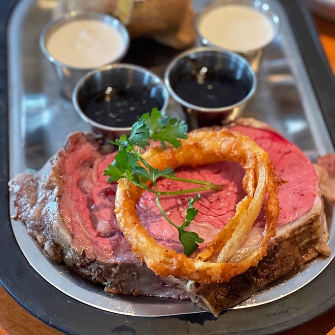 Prime rib that makes you close your eyes involuntarily with that first bite &ndash; crowned with a crispy onion ring like a beefy royal wearing its delicious crown.