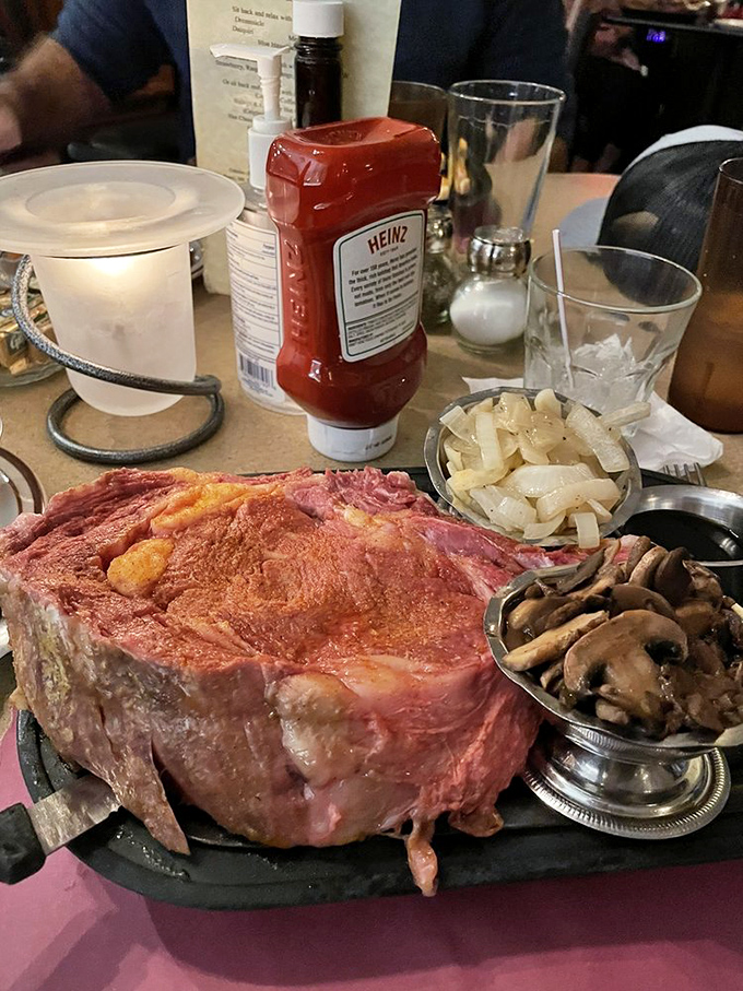 Behold the prime rib in all its magnificent glory! This isn't just meat&mdash;it's a carnivore's dream that makes vegetarians question their life choices.