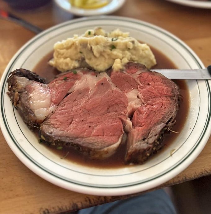 This isn't just prime rib&mdash;it's edible history. Perfectly pink, swimming in savory au jus, with mashed potatoes standing by for gravy-soaking duty. 