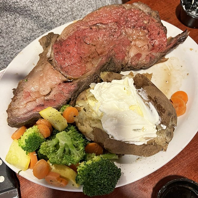 Prime rib that makes you question every other prime rib you've ever had. Perfectly pink, accompanied by garden-fresh vegetables and a loaded baked potato.