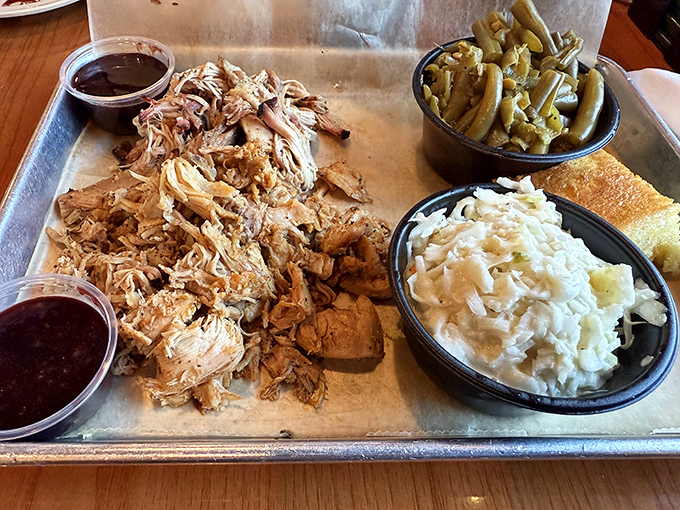 Pulled pork so tender it practically pulled itself apart, flanked by creamy mac and cheese and green beans. The barbecue holy trinity.