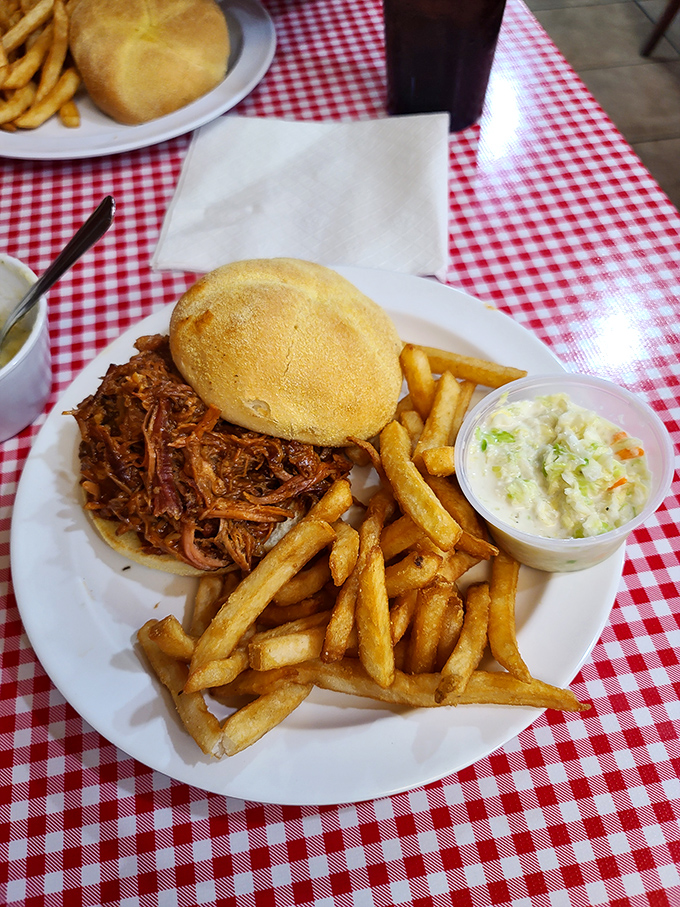 The star of the show arrives: pulled pork piled high with golden fries and creamy slaw. This sandwich doesn't need Instagram filters &ndash; it's naturally photogenic.