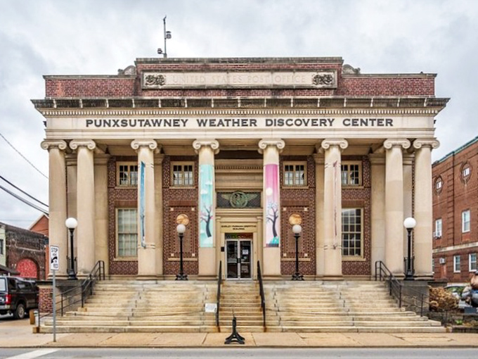 The Weather Discovery Center's grand columns suggest meteorology deserves the same architectural reverence as banking. Fitting for a town where weather prediction involves formal wear and a groundhog.