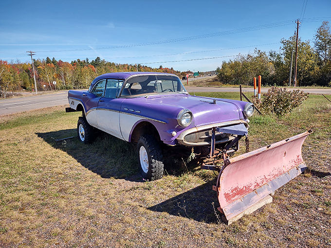 This purple beauty isn't just a car with a snowplow &ndash; it's winter transportation poetry, Upper Peninsula style.
