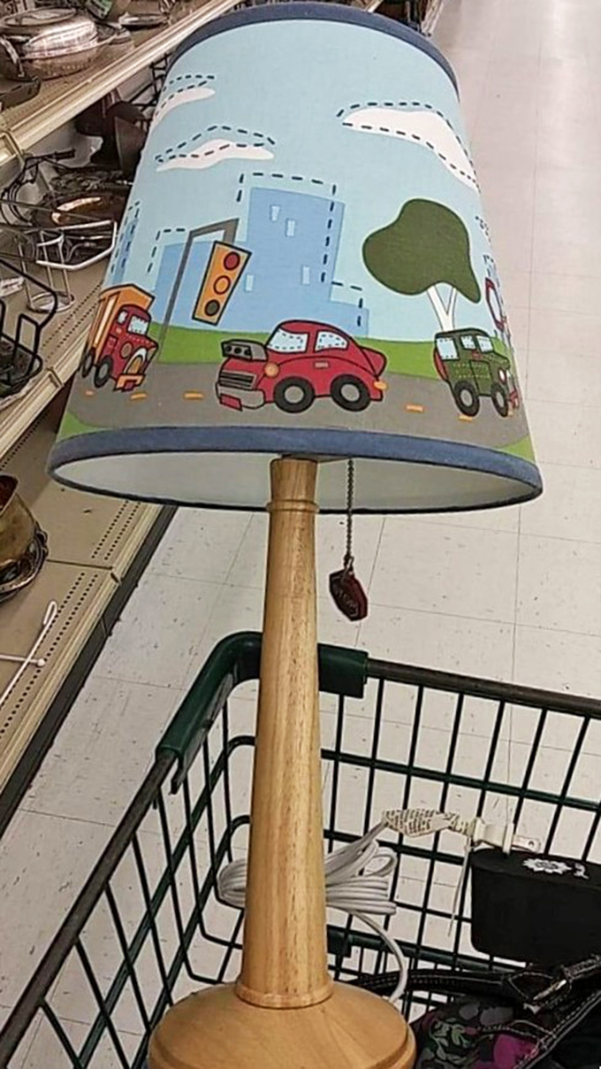 This charming children's lamp proves one shopper's castoff is another's nursery masterpiece. Traffic jam not included.