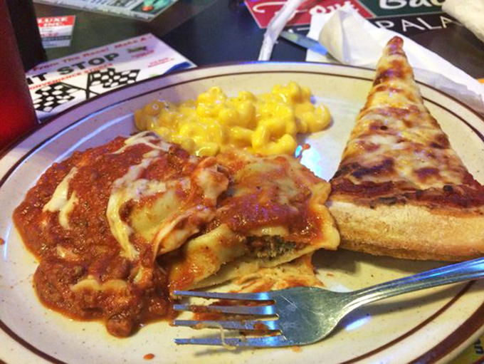 Behold the holy trinity: golden ravioli swimming in sauce, mac and cheese, and pizza &ndash; carb heaven achieved.