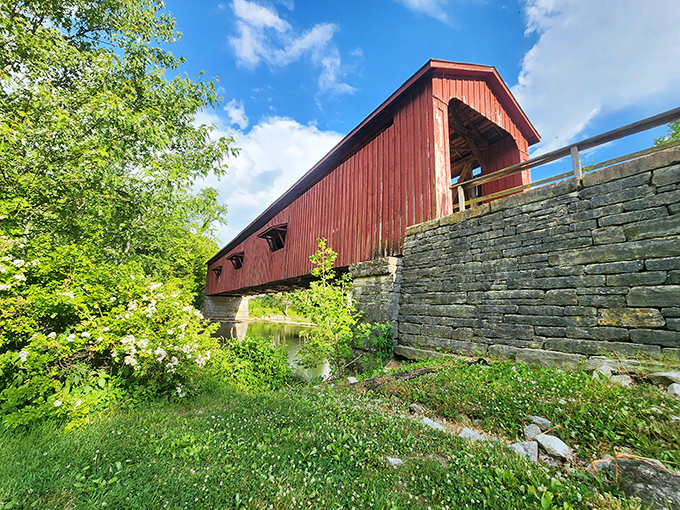 From this angle, you can almost hear the wooden planks creaking beneath your feet as Mill Creek flows peacefully below.