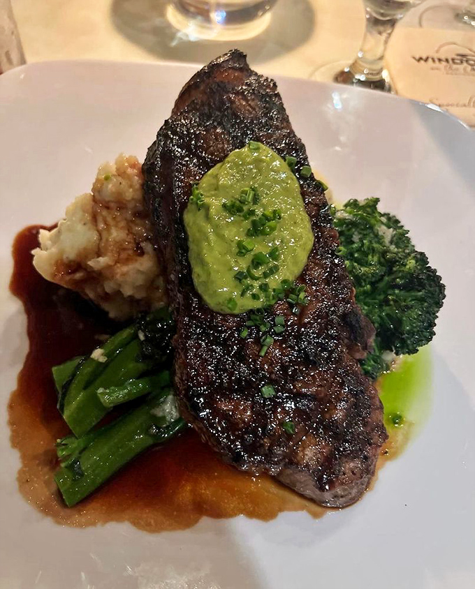 Behold the star of our show: a perfectly seared ribeye with avocado-chimichurri that would make vegetarians weep with regret and carnivores weep with joy.