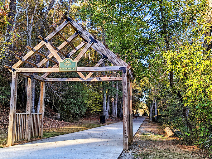 "This way to tranquility." The rustic entrance arch stands like a portal between your hectic life and the peaceful sanctuary beyond.