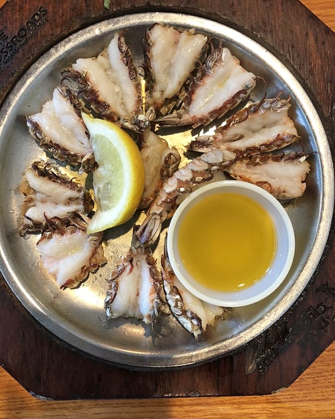 Rock shrimp splayed like a sunburst around melted butter &ndash; nature's perfect design for both presentation and the inevitable dipping frenzy that follows.