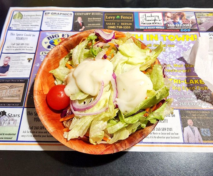 The salad arrives like a fresh island in a sea of fried treasures. That creamy dressing generously applied proves they understand the true purpose of vegetables.