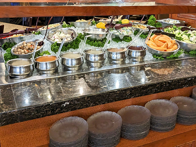 The legendary salad bar &ndash; where vegetables go to fulfill their destiny. Fresh, crisp, and meticulously maintained, it's the unsung hero of the Suburban Diner experience.