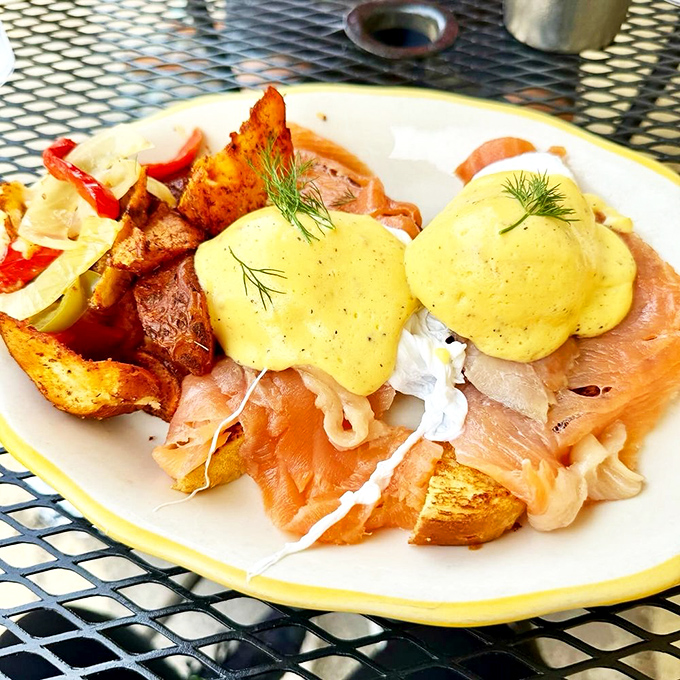 Eggs Benedict gets the Philly treatment with luscious smoked salmon and hollandaise so yellow it could brighten even a Monday morning.