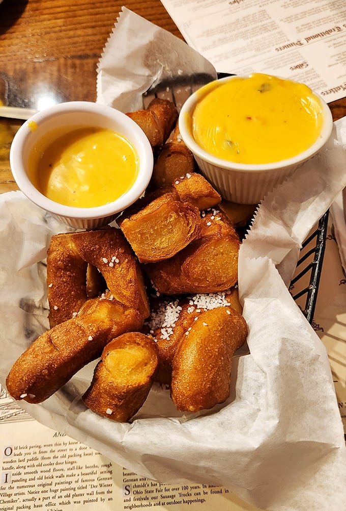 Golden pretzel nuggets arrive with mustard that could make a grown person weep tears of joy.
