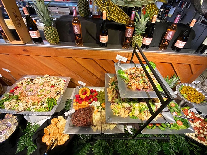 The buffet spread that launched a thousand road trips. Fresh seafood arranged with the care of an artist who happens to work in shrimp and crab.