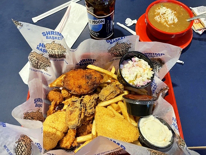 The seafood platter that answers the eternal question: "Why choose one when you can have it all?" Crispy treasures nestled in a basket&mdash;seafood nirvana achieved.