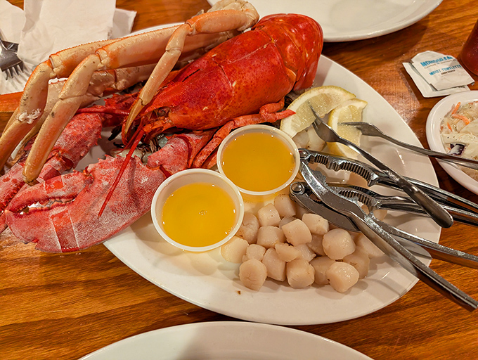 Lobster and scallops sharing a plate like old friends at a reunion. The melted butter cups are standing by, ready to elevate this seafood party to legendary status.