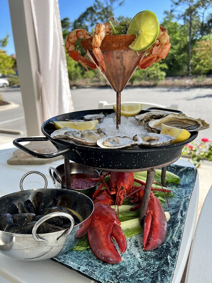 Seafood towers: where architecture meets oceanic decadence. Fresh oysters, jumbo shrimp, and lobster create a skyscraper of flavor worth every floor.
