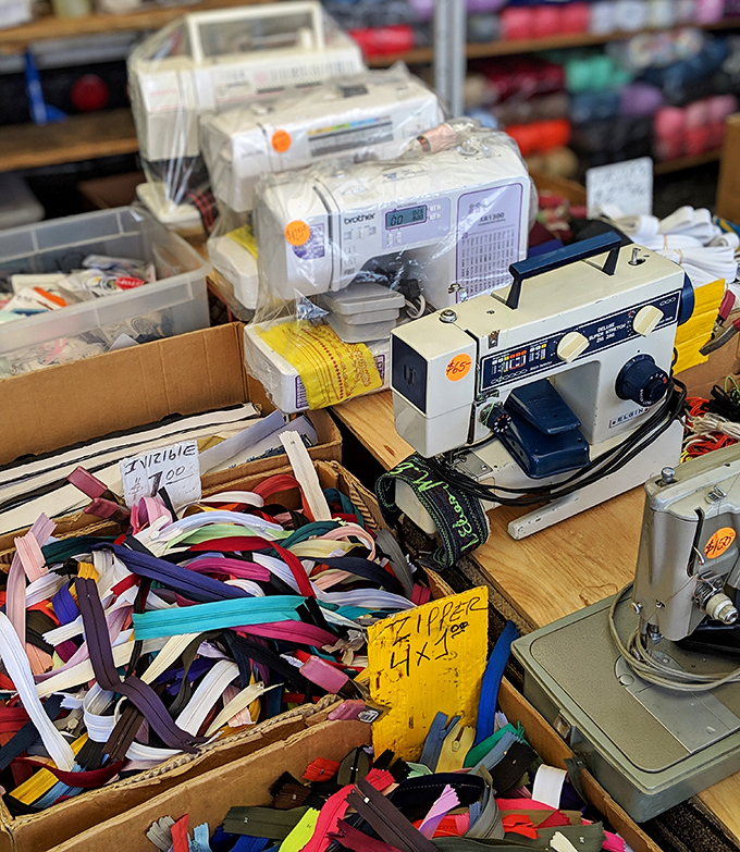 Vintage sewing machines and craft supplies prove that creativity never goes out of style here. 