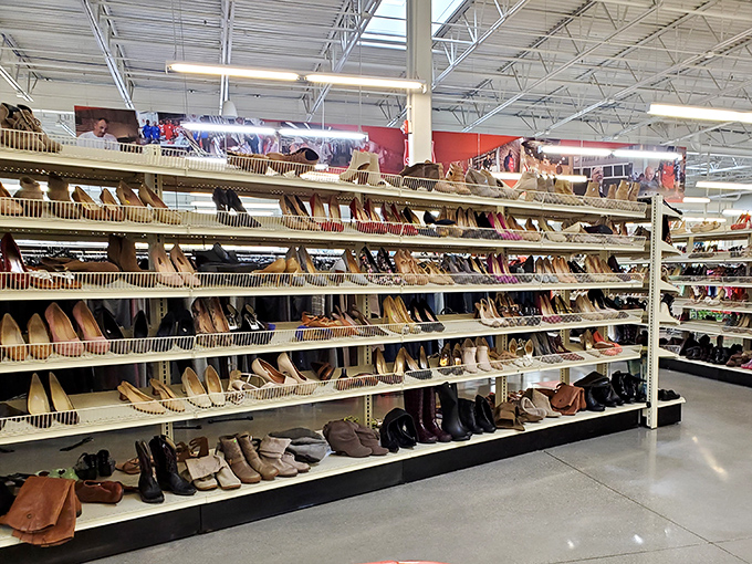 Shoe heaven or footwear museum? Rows upon rows of gently-used possibilities await new adventures, from practical boots to party heels.