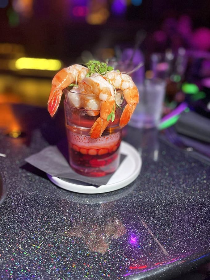 Shrimp cocktail gets the Burton treatment with dramatic presentation that's almost too pretty to eat.