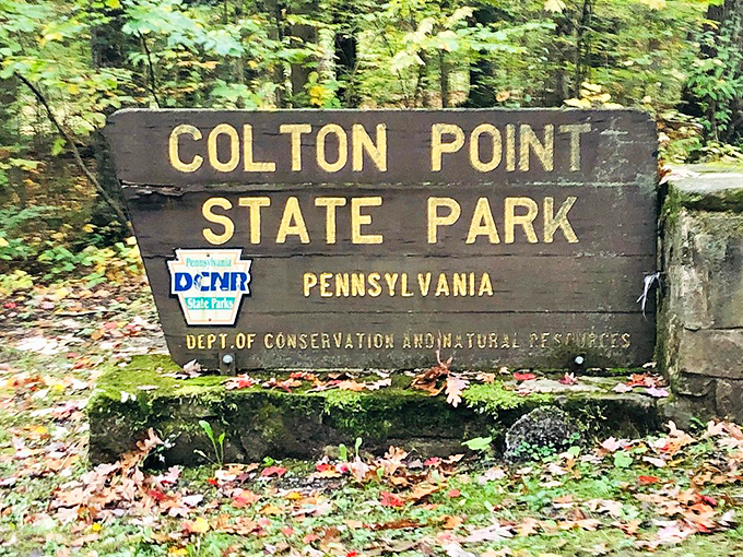 The park entrance sign stands like a humble gatekeeper to paradise. No velvet rope, no cover charge&mdash;just 368 acres of pure Pennsylvania magic.