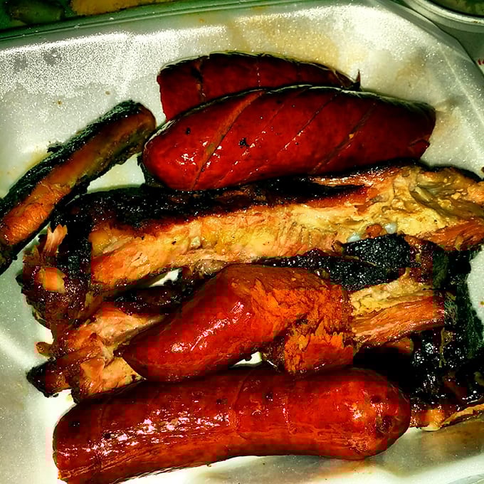 Behold the holy trinity of barbecue &ndash; ribs, brisket, and links that could make a vegetarian question everything.