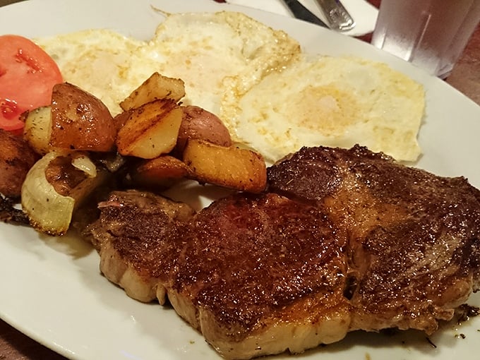 This steak and eggs plate isn't just breakfast, it's a declaration of culinary intent. Perfectly seared beef, sunny eggs, and those home fries that haunt your dreams.