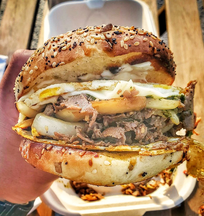 Architectural masterpiece or breakfast sandwich? This towering creation with its perfectly stacked layers would make Frank Lloyd Wright weep with joy.