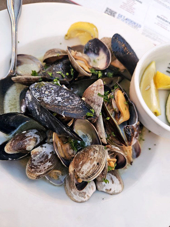These steamed mussels and clams aren't just seafood; they're little ocean postcards delivered straight to your plate, complete with briny love notes.
