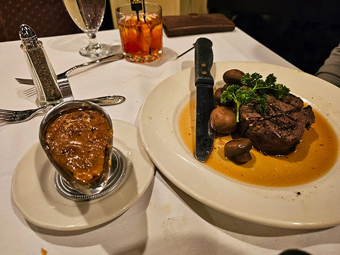 Behold the star of the show&mdash;a perfectly seared steak with mushrooms that have found their soulmate in butter. Lake Michigan views are just the bonus round.