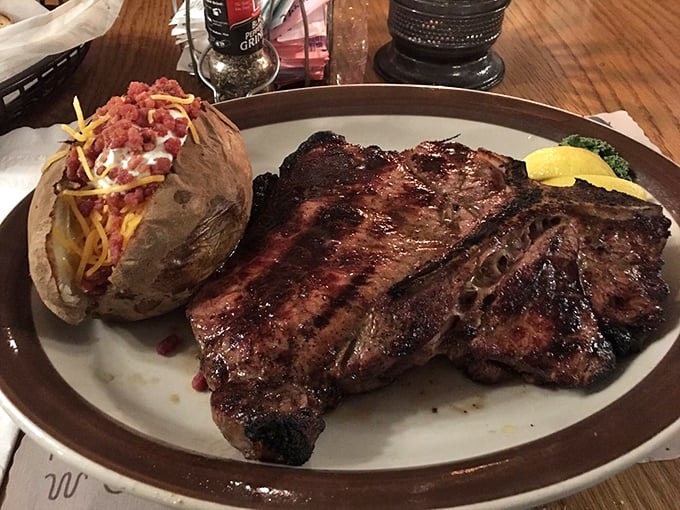 The T-bone arrives like a work of art, accompanied by a loaded baked potato that's practically a meal unto itself. Steak nirvana, achieved.